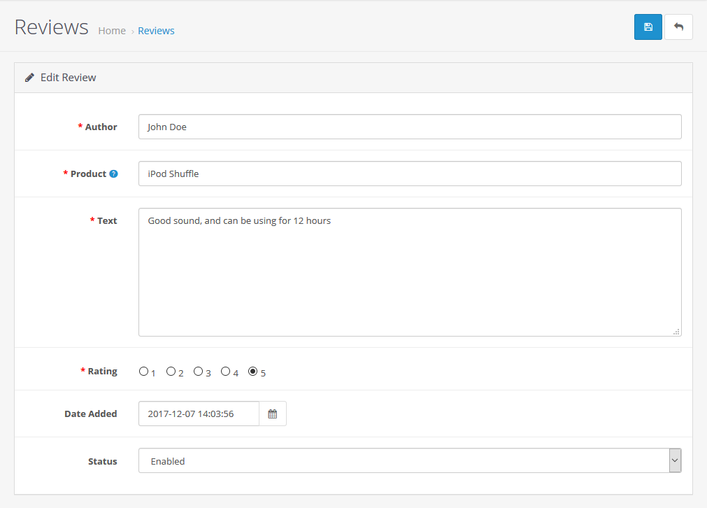 產品評級 - OpenCart 使用指引